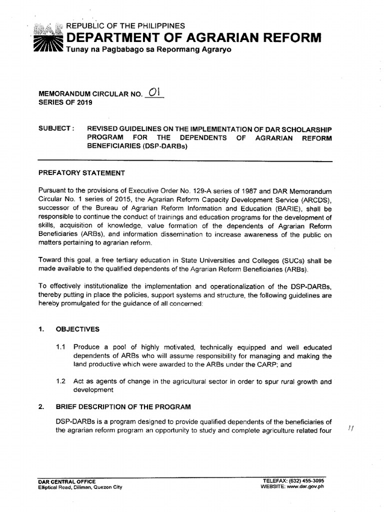 Revised Guidelines On The Implementation of DAR Scholarship Program For ...