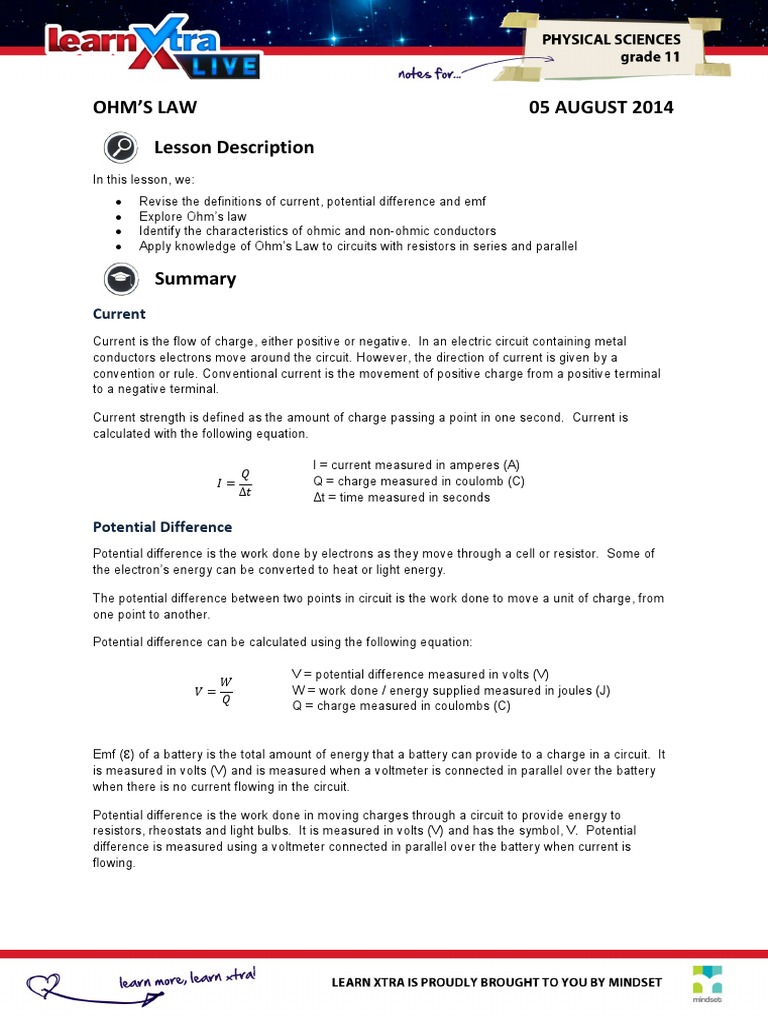LXL - Gr11PhysicalSciences - 23 - Ohms Law - 05aug2014 | PDF | Voltage | Electric Current