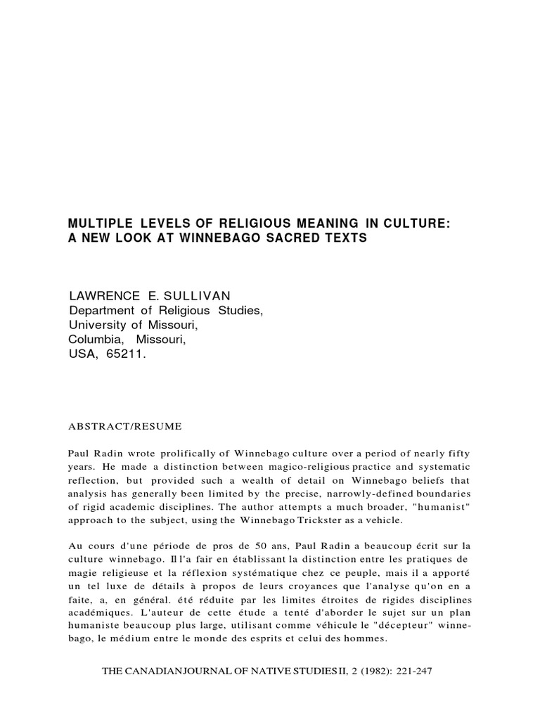 Religious Meaning and Sacred Texts of the Winnebago Tribe | PDF | Franz ...
