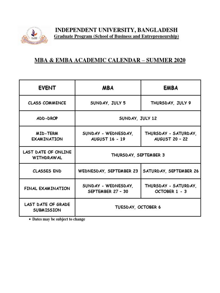 IUB MBA & EMBA Academic Calendar 2025 | PDF