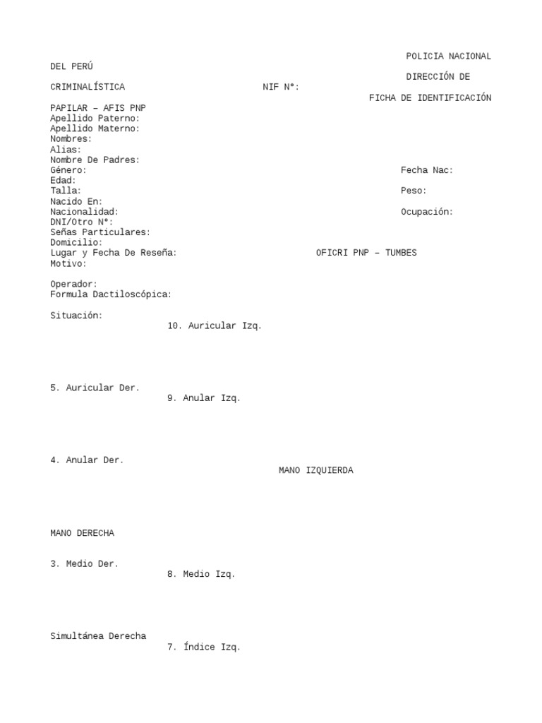 Ficha de Identificación Papilar AFIS PNP | PDF