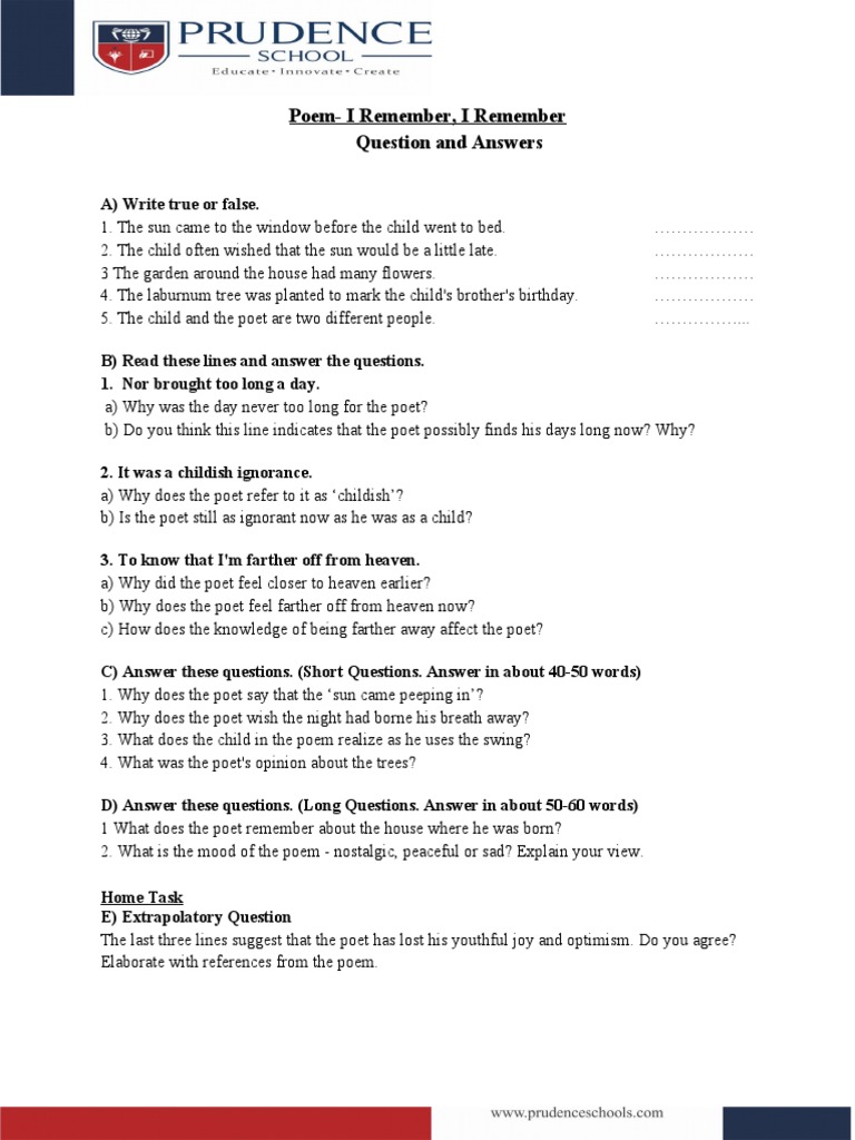 English Worksheet (I Remember I Remember) | PDF