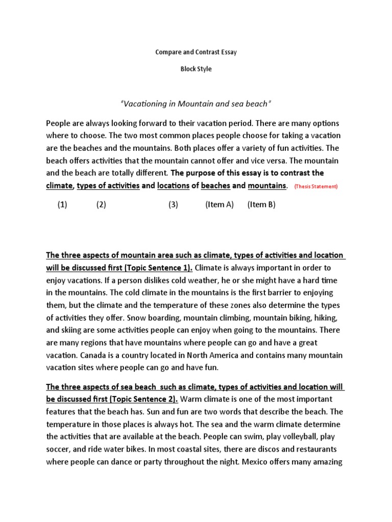 "Vacationing in Mountain and Sea Beach": Compare and Contrast Essay ...