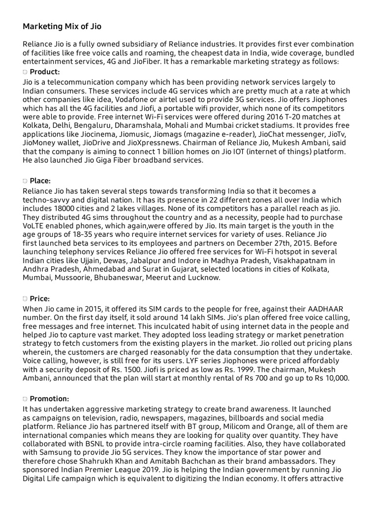 Marketing Mix of Jio: Product | PDF | Networks | Electronics