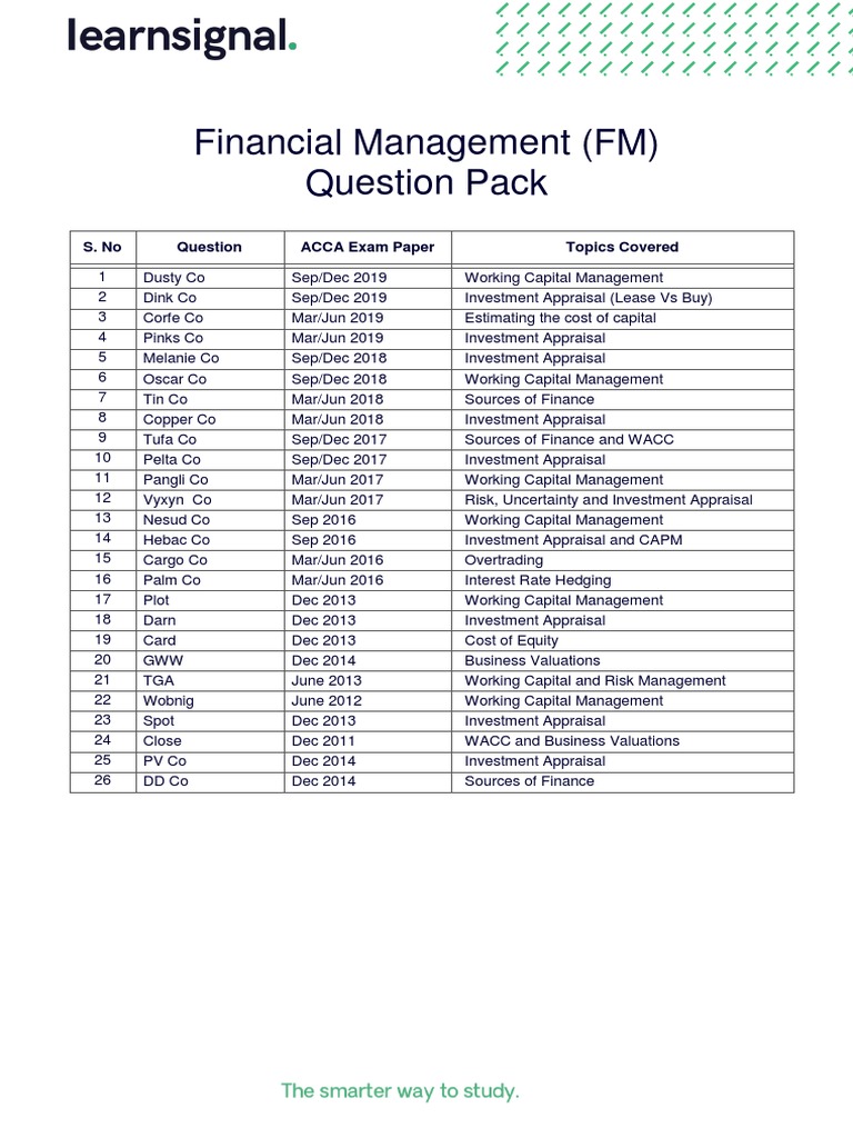 Financial Management (FM) Question Pack: S. No ACCA Exam Paper Topics ...