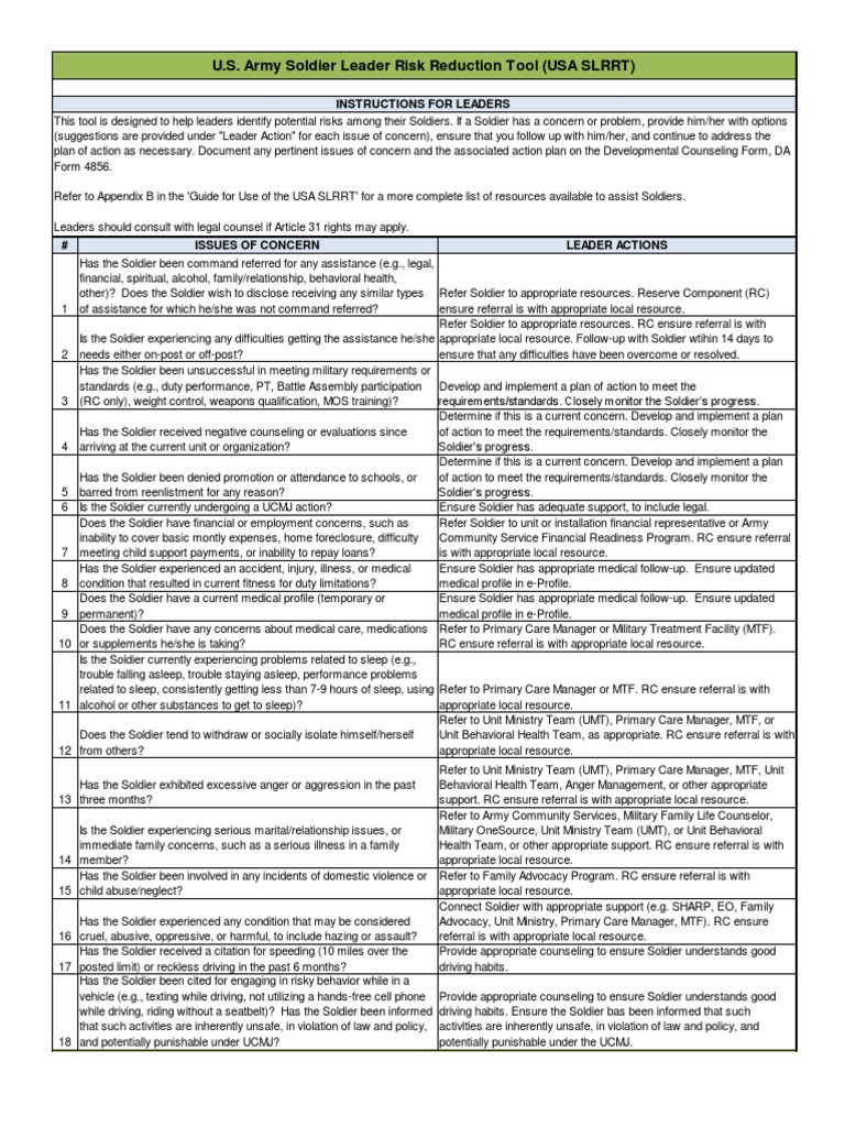USA Soldier Leader Risk Reduction Tool | PDF | Risk | Family