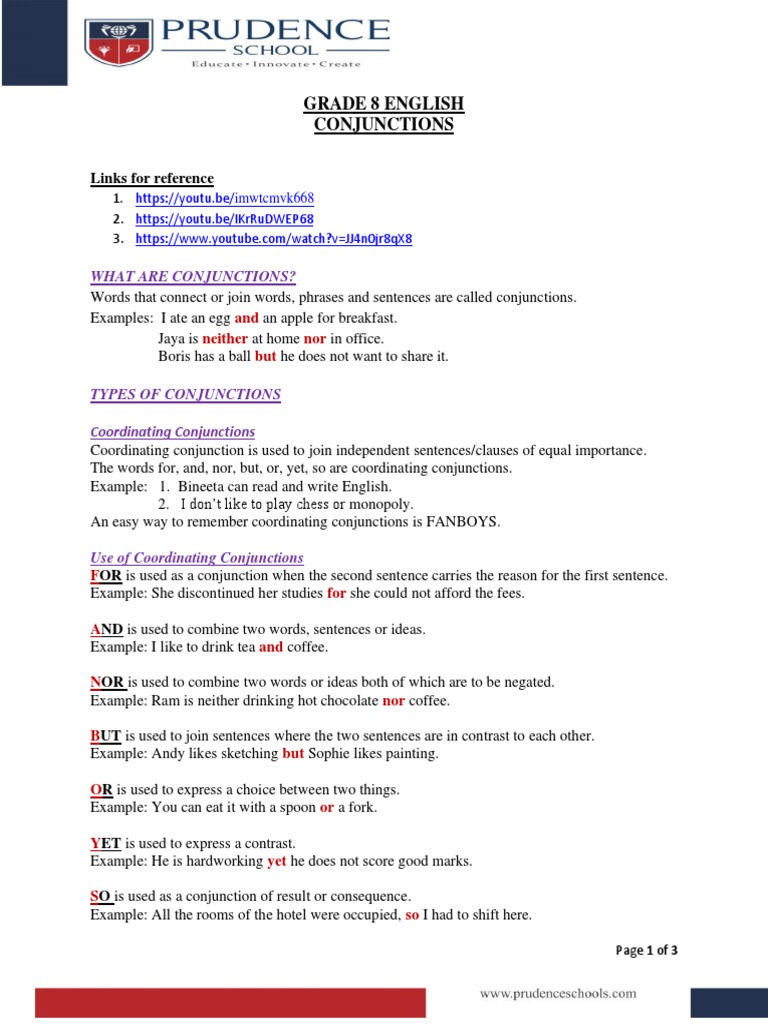 Conjunctions Notes For Students PDF | PDF | Sentence (Linguistics ...