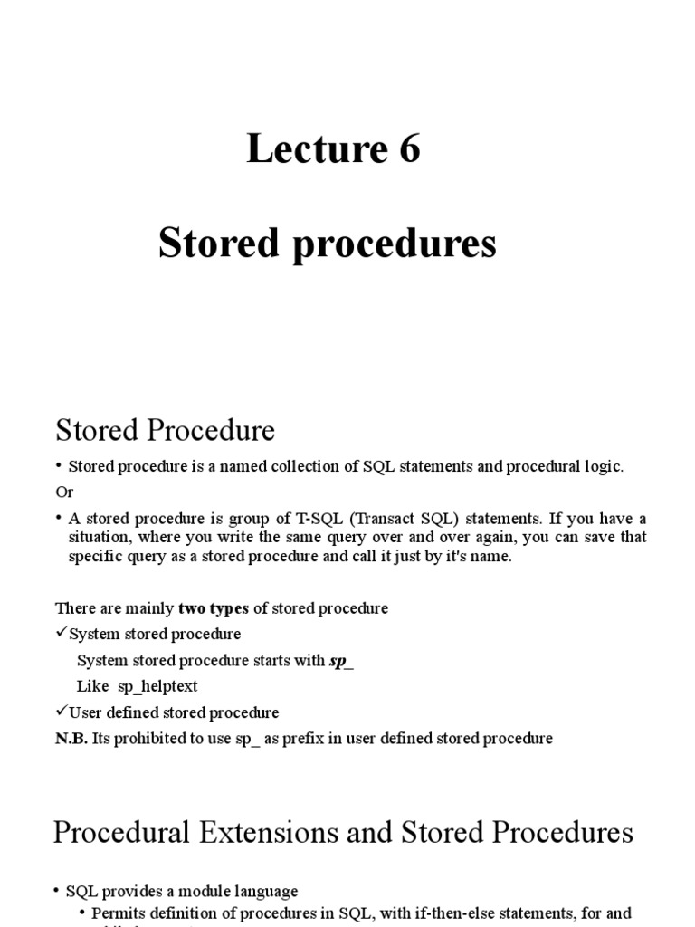 Dbms Lecture 6 Stored Procedures Pdf Subroutine Parameter Computer Programming