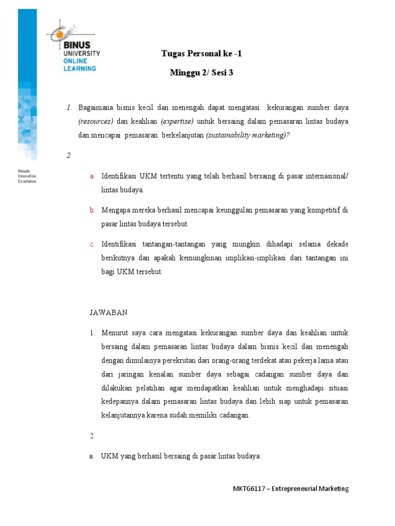 TP1 Entrepreneurial Management Binus | PDF | Karier & Perkembangan | Bisnis