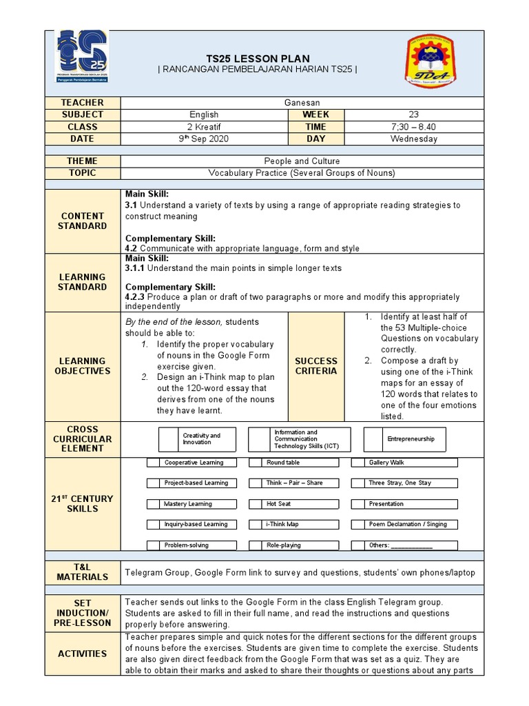 Ts25 Lesson Plan: by The End of The Lesson, Students 1. Identify The ...