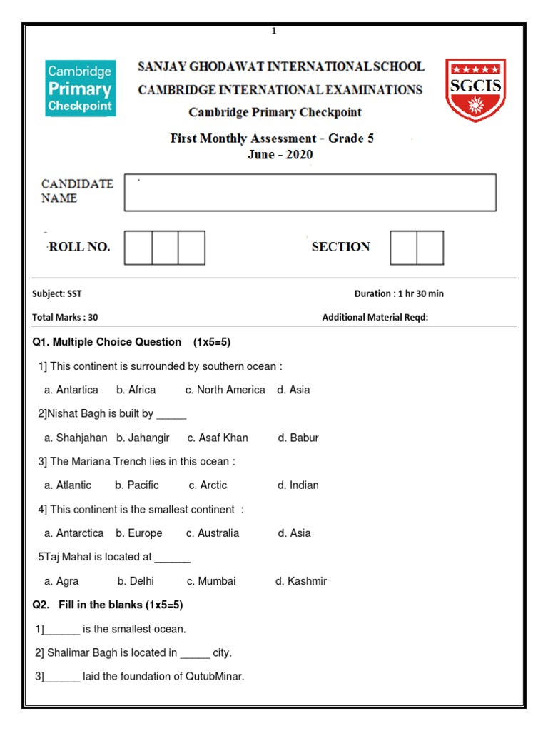 Grade 5 SST Question Paper | PDF | Teaching Methods & Materials ...