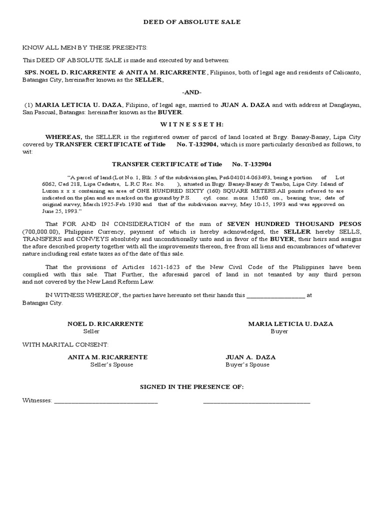 Deed of Absolute Sale Sample | PDF | Real Property Law | Common Law