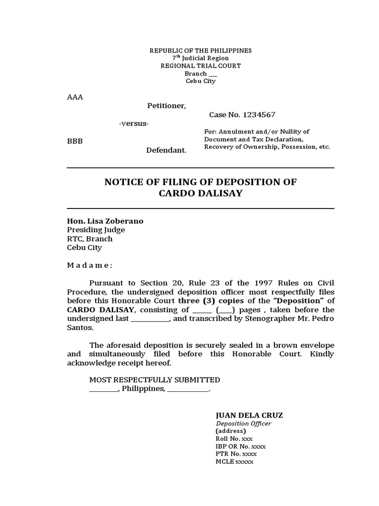 Notice of Filing of Deposition Sample | PDF
