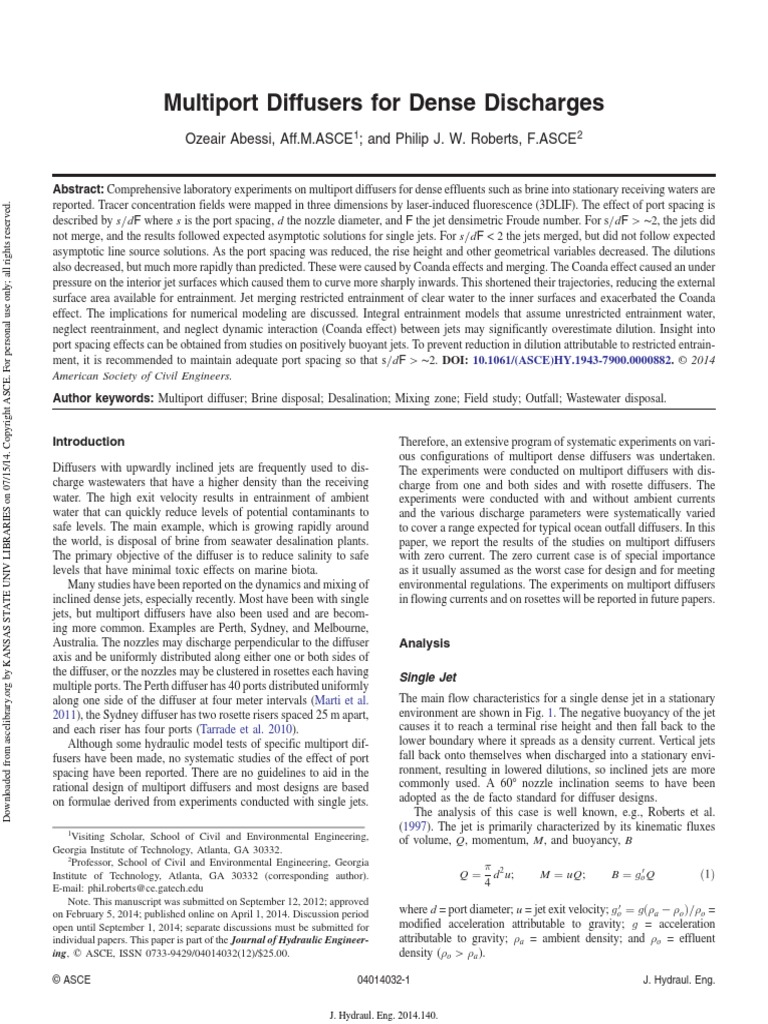 Multiport Diffusers For Dense Discharges: Ozeair Abessi, Aff.M.ASCE and ...