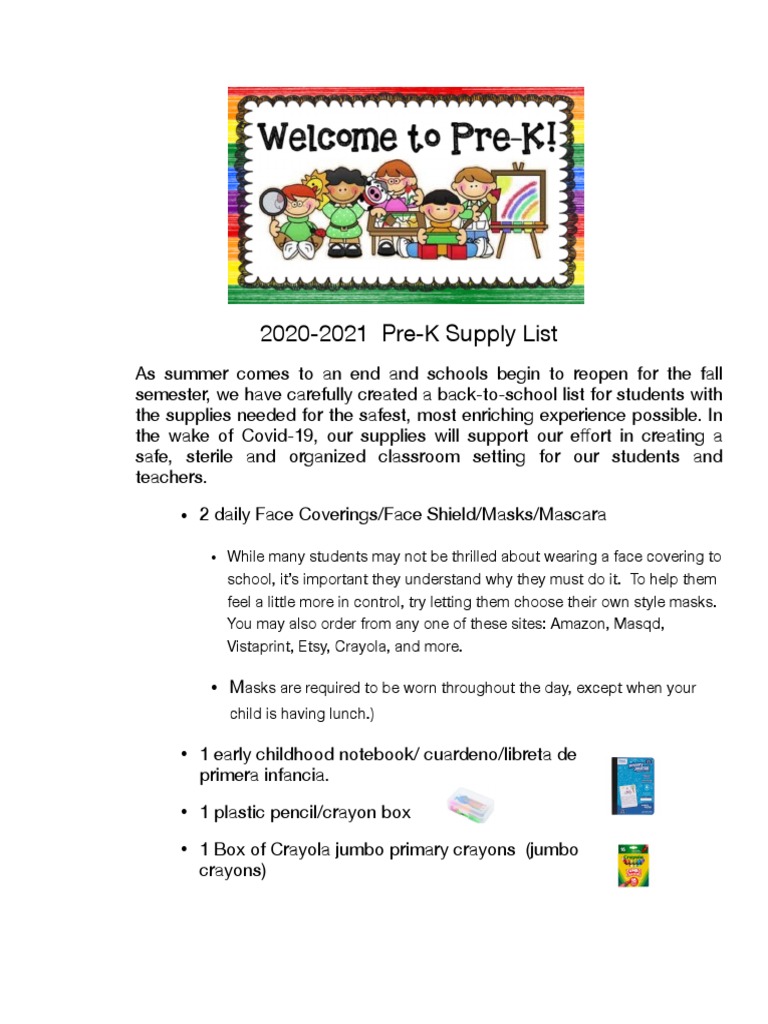 Pre K Supply List Final | PDF | Wellness