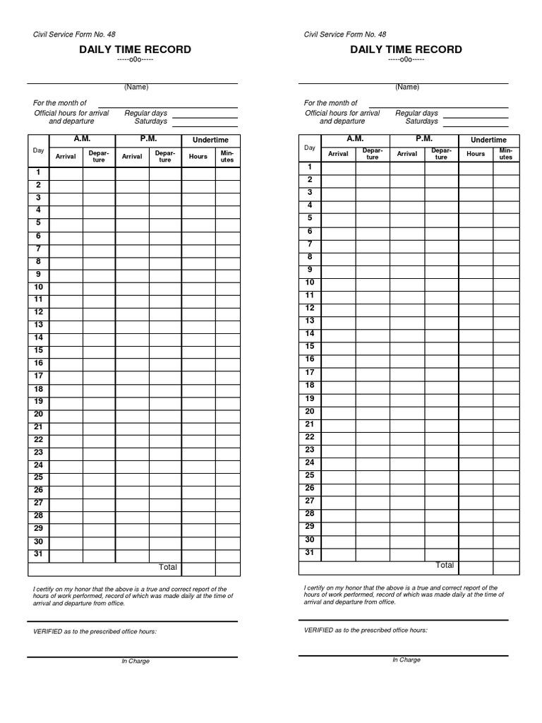 Civil Service Daily Time Record Form | PDF