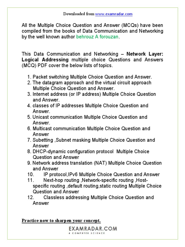 CH 19 Network Layer Logical Addressing Multiple Choice Questions and Answers PDF | PDF | Ip ...