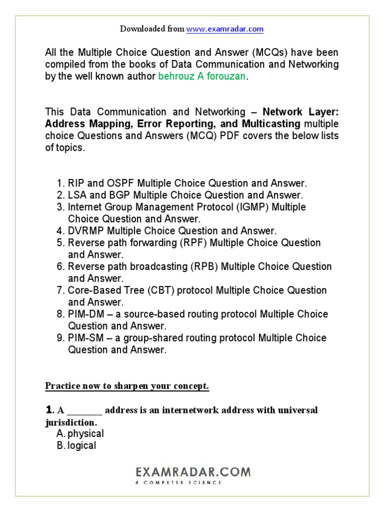 Ch 21 Network Layer Address Mapping Error Reporting And Multicasting Multiple Choice Questions