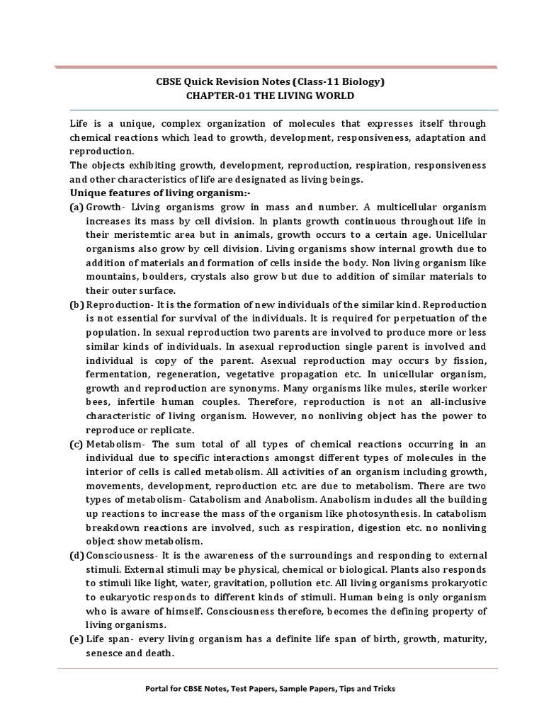 CBSE Quick Revision Notes (Class-11 Biology) Chapter-01 The Living ...