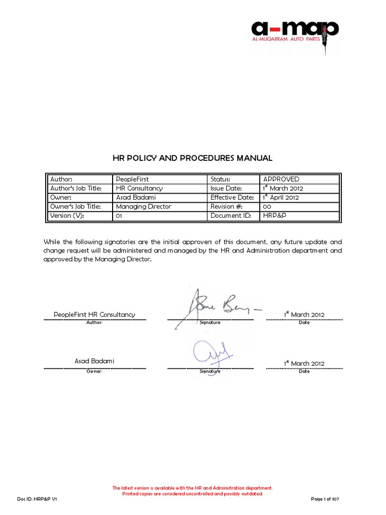 HR Policy and Procedures Manual: Author: Signature Date | PDF ...