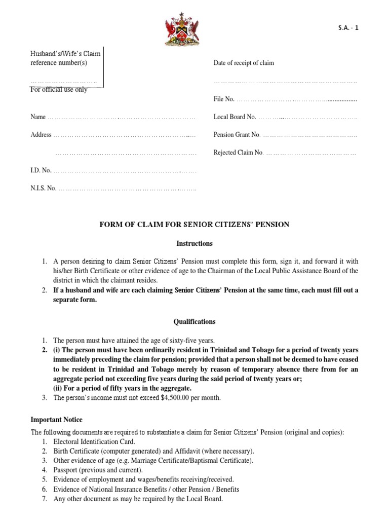 Form of Claim For Senior Citizens' Pension | PDF | Identity Document ...