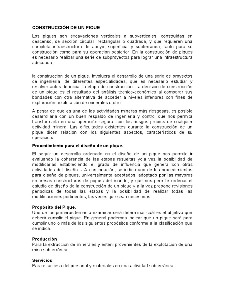 Construcción de Piques en Minería Subterránea | PDF | Minería ...