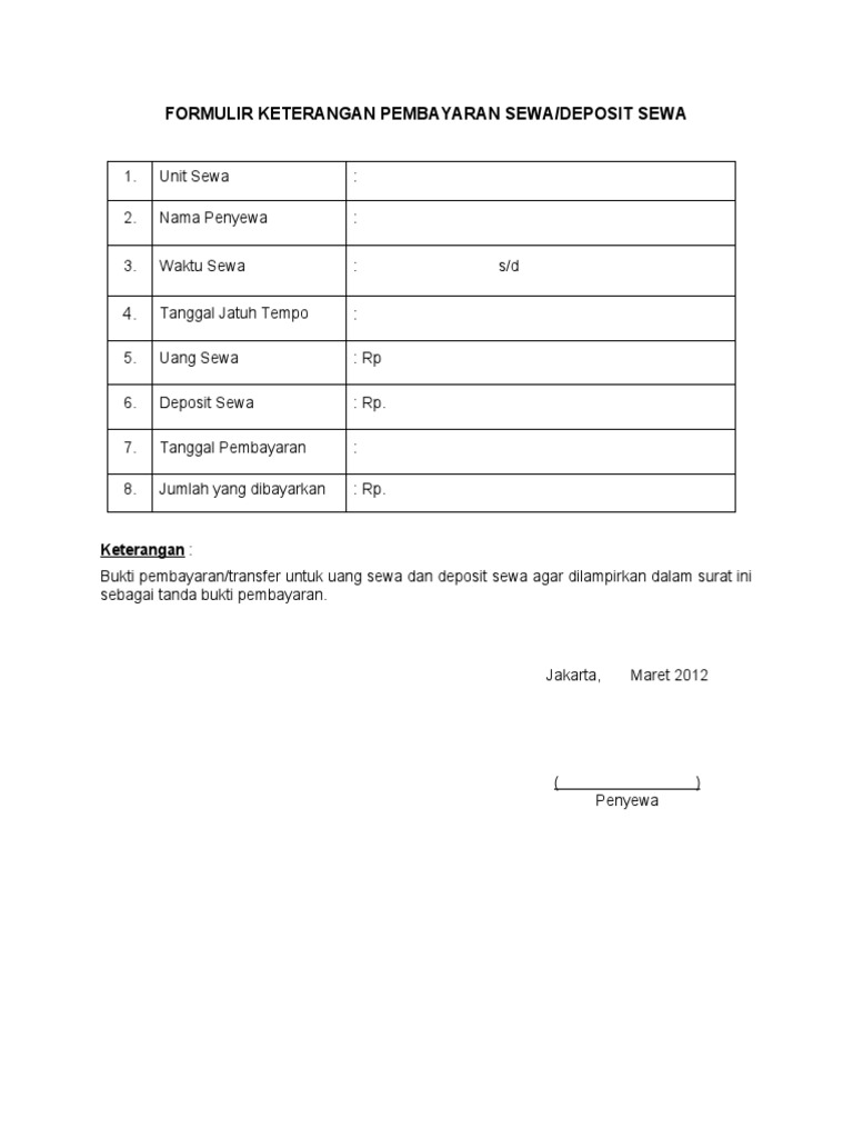 Formulir Keterangan Pembayaran Sewa | PDF