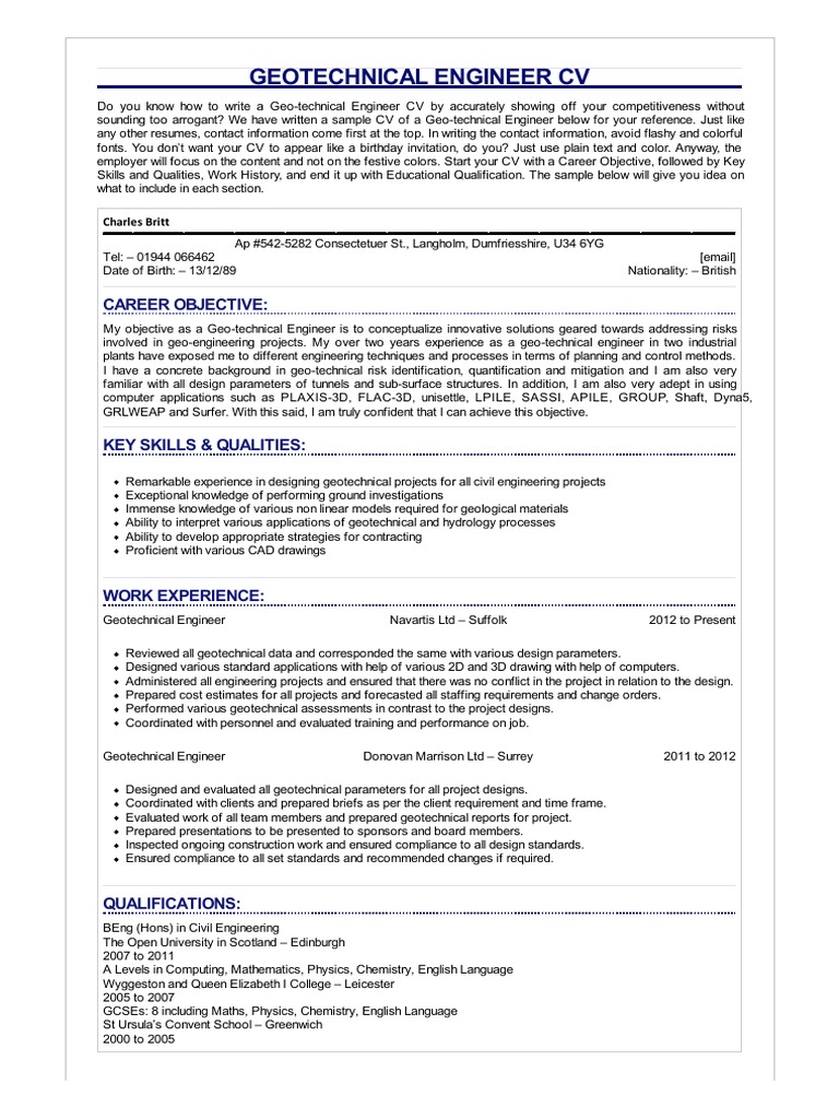 Geotechnical Engineer CV: Career Objective | Download Free PDF ...