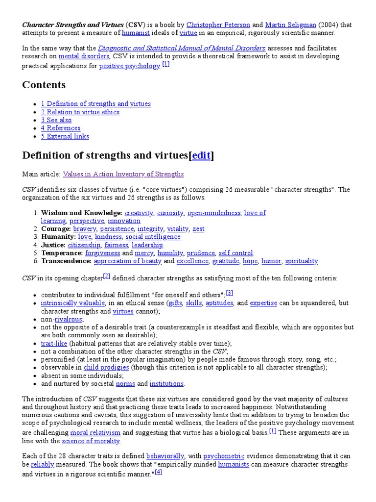 Character Strengths and Virtues - Wikipedia | PDF | Personality Traits ...