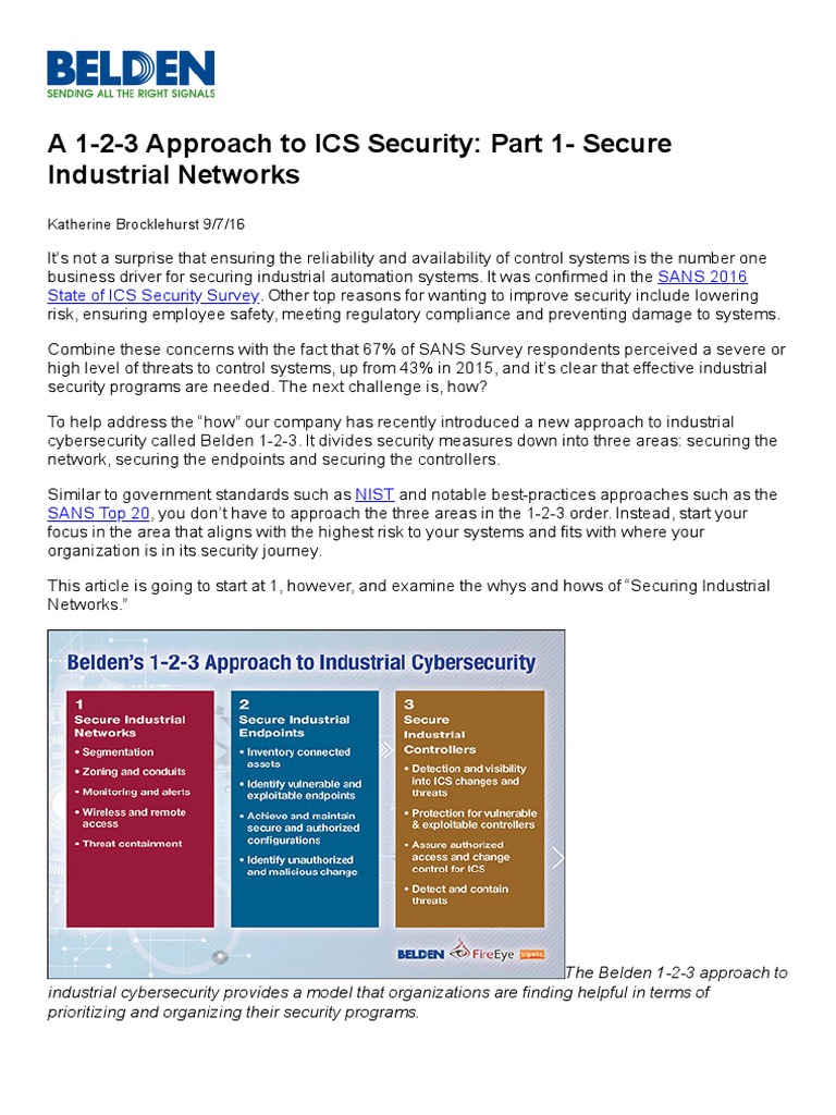 A 1-2-3 Approach To ICS Security: Part 1-Secure Industrial Networks ...