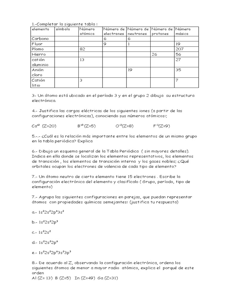 Ejercicios Propiedades Periodicas | PDF | Tabla periódica | Elementos ...