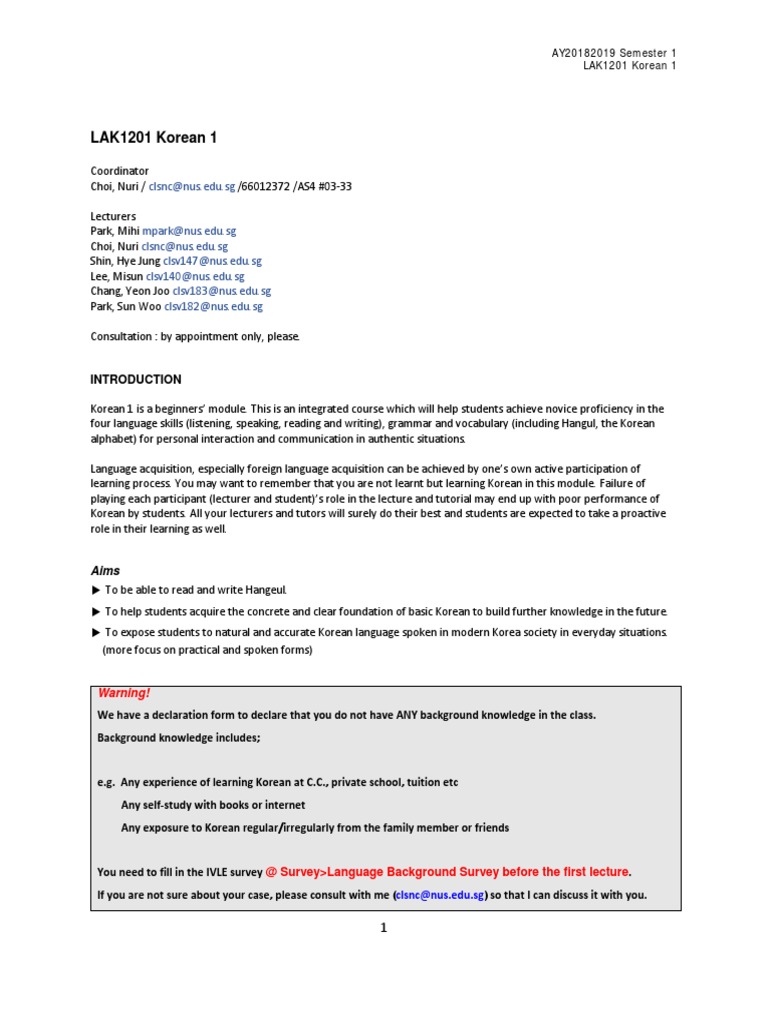 Korean 1 Module Schedule Overview | PDF | Korean Language | Lecture