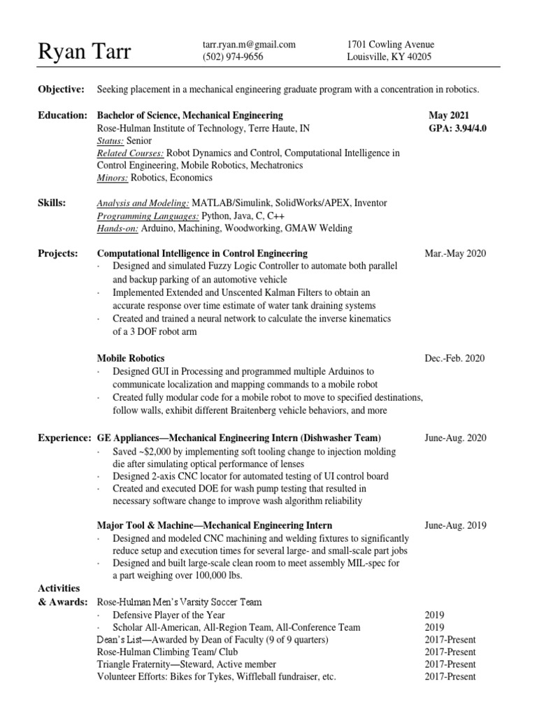 Resume-Ryan Tarr | PDF | Robotics | Engineering