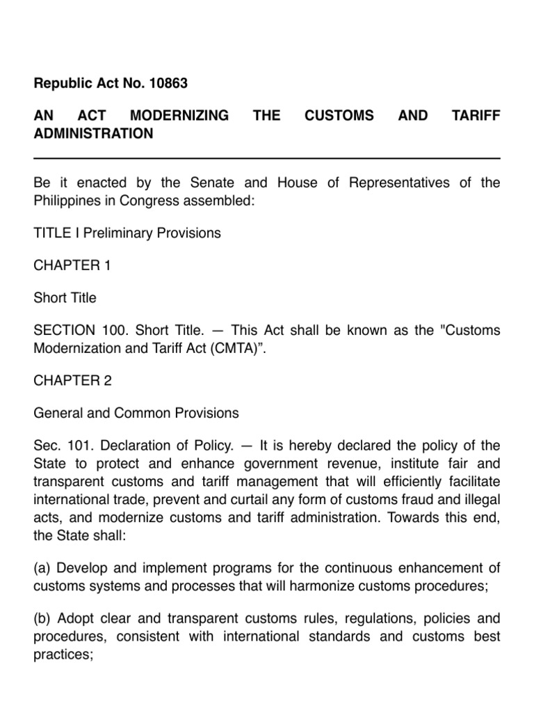 Republic Act No. 10863 AN ACT Modernizing THE Customs AND Tariff ...