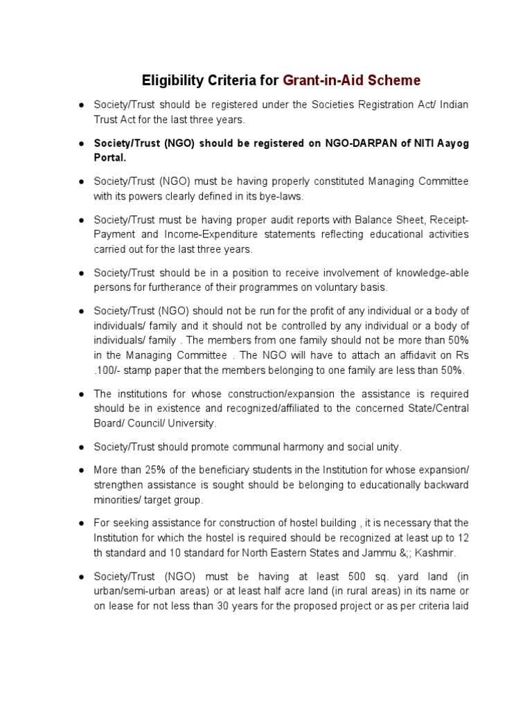 Eligibility Criteria For Grant-in-Aid Scheme | PDF | Non Governmental ...