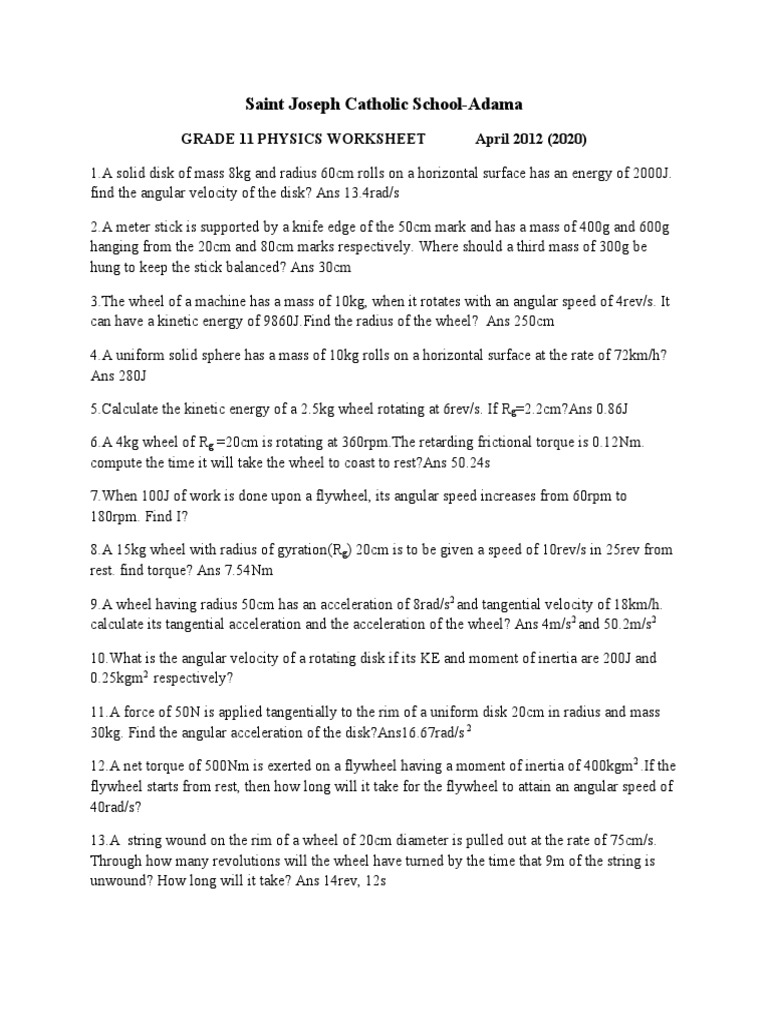 Saint Joseph Catholic School-Adama: Grade 11 Physics Worksheet April ...