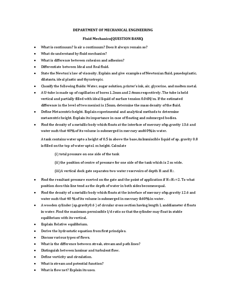 Department of Mechanical Engineering Fluid Mechanics (QUESTION BANK ...