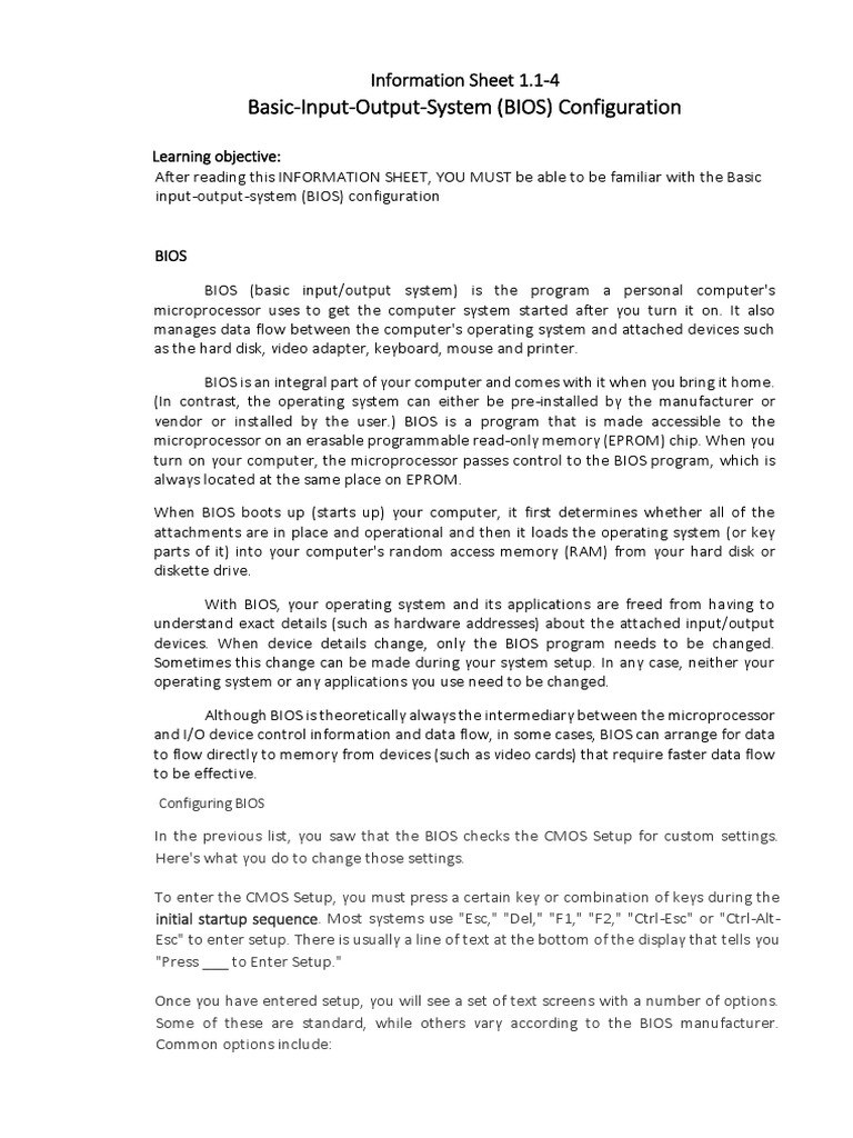 Basic-Input-Output-System (BIOS) Configuration: Information Sheet 1.1-4 ...