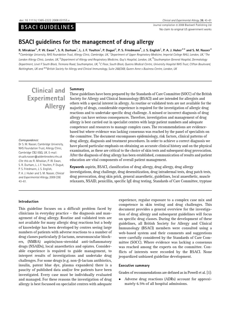 BSACI Drug Allergy Management Guidelines | PDF | Allergy | Nonsteroidal ...