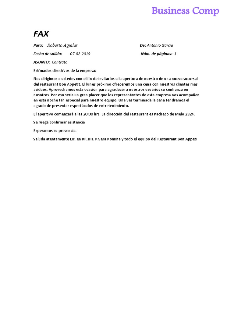 Ejemplo de Fax Empresarial | PDF