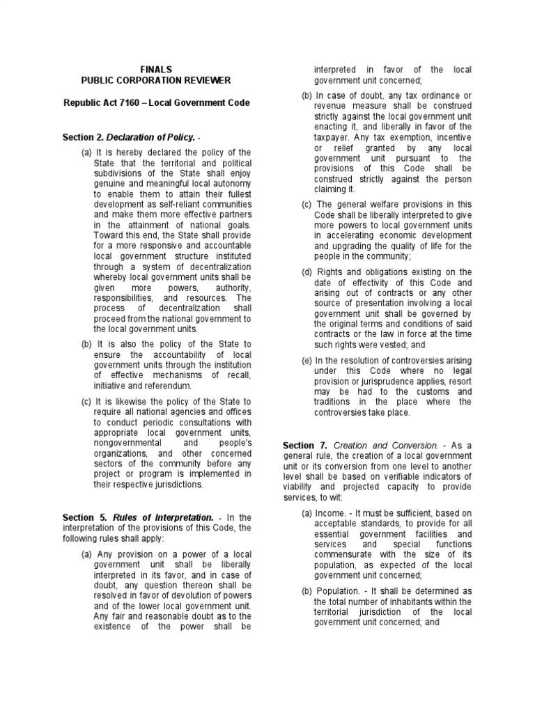 Finals Public Corporation Reviewer Republic Act 7160 - Local Government ...