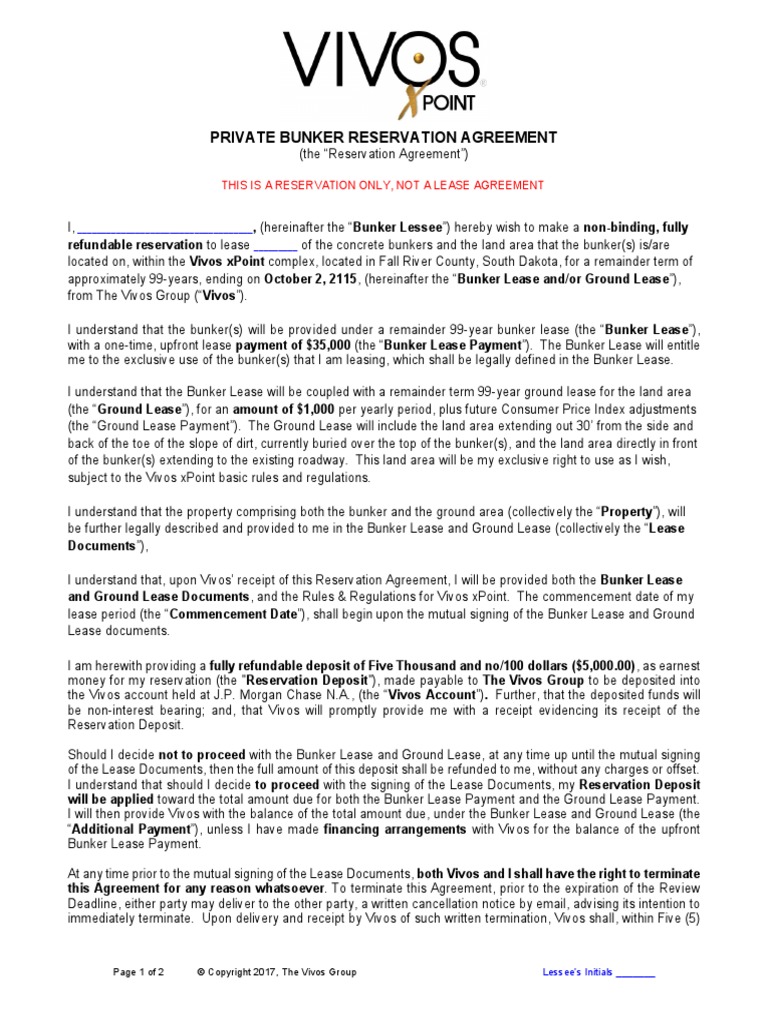 Vivos Xpoint Private Bunker Reservation Agreement PDF | PDF | Lease | Receipt