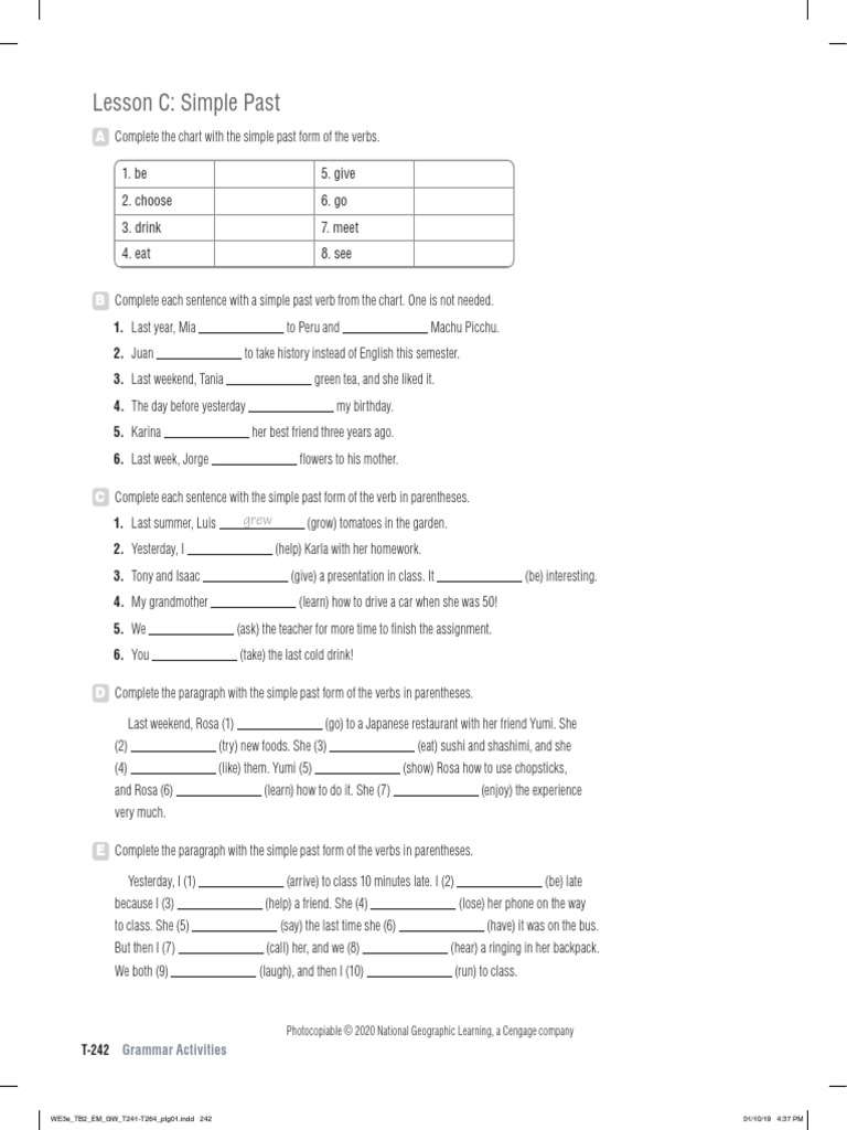 World English 3e Level 2 Grammar Activities Unit 1 Lesson C | PDF | Grammar | Linguistics