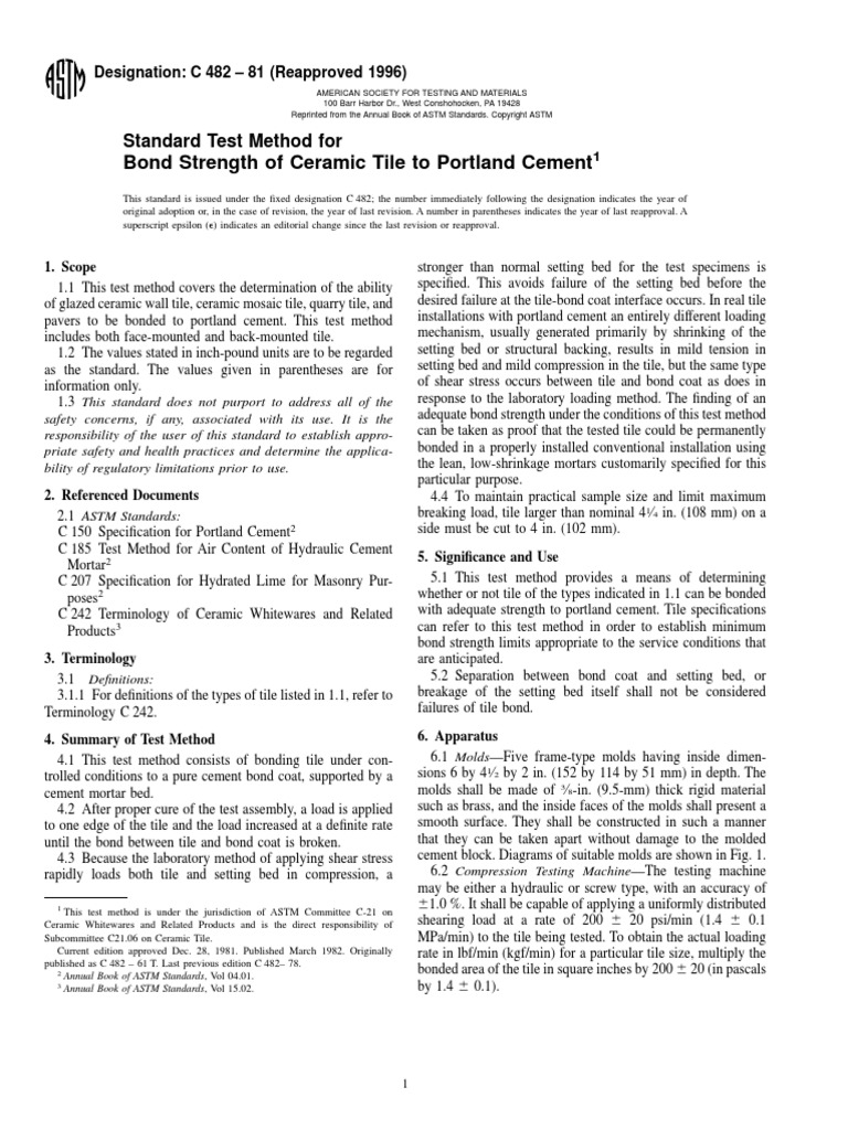 Bond Strength of Ceramic Tile To Portland Cement: Standard Test Method ...