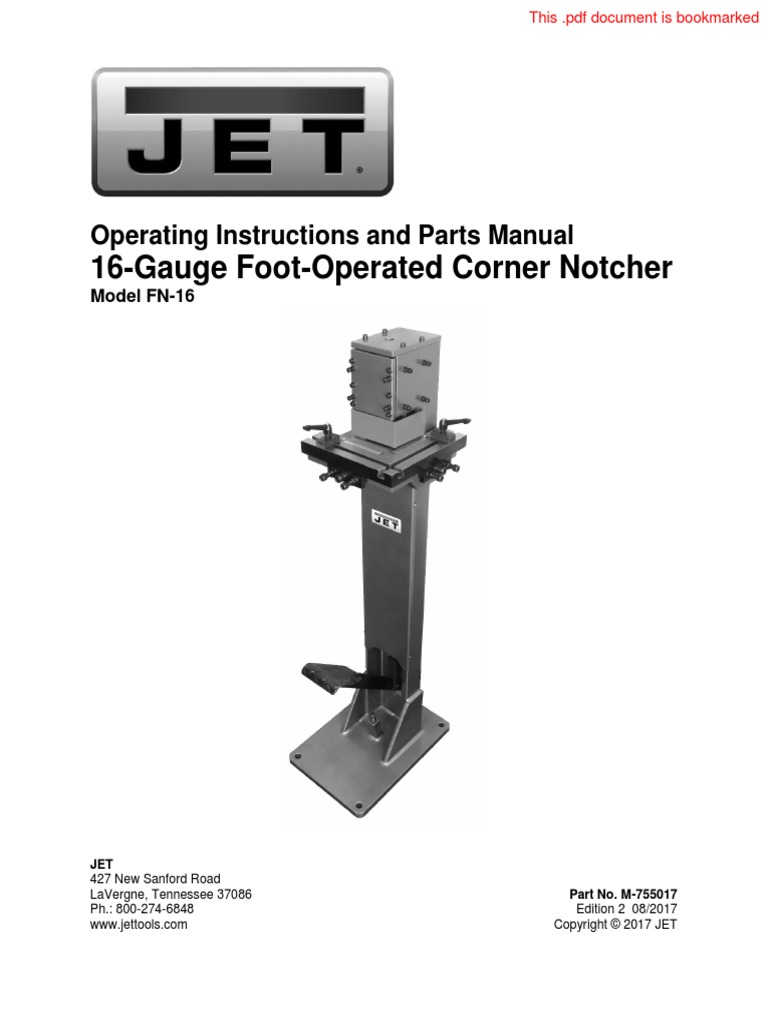 16-Gauge Foot-Operated Corner Notcher: Operating Instructions and Parts ...