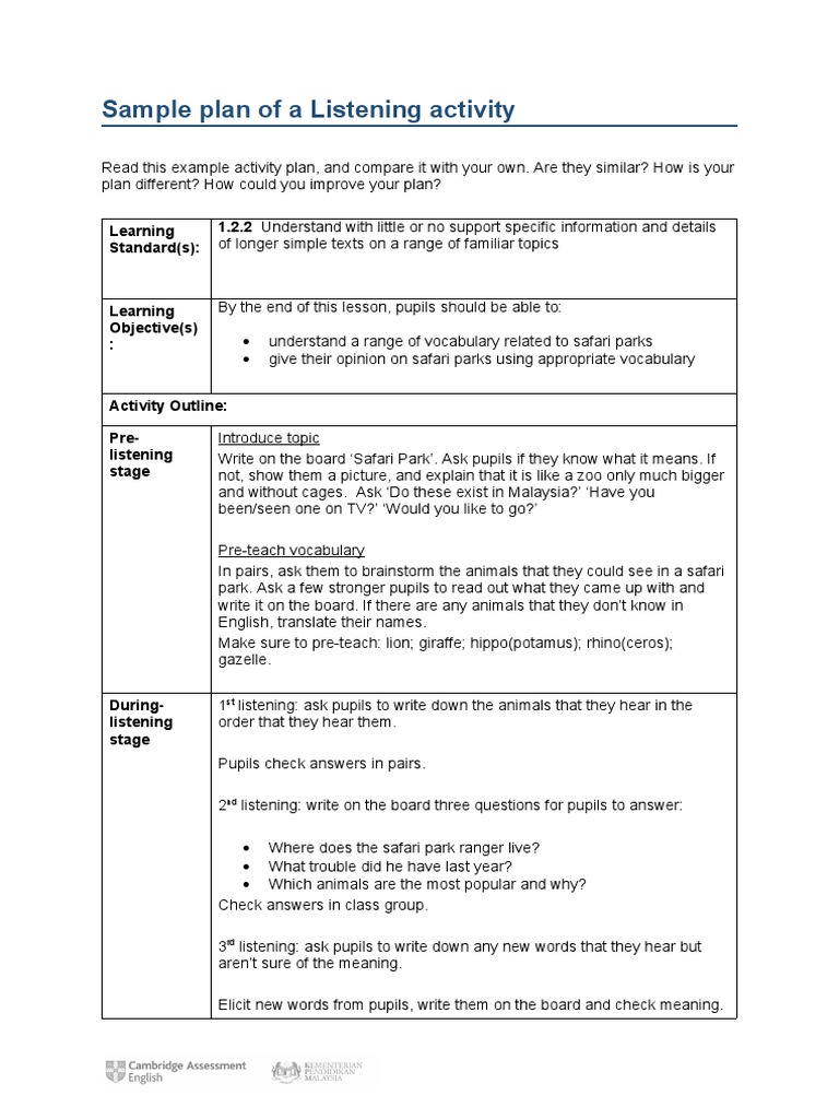 Plan For A Listening Activity Y6 - Sample | PDF | Vocabulary | Question