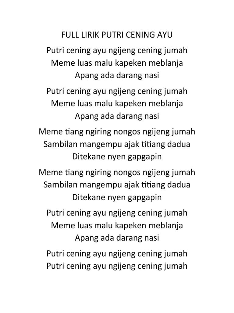 Lirik Lengkap Putri Cening Ayu | PDF