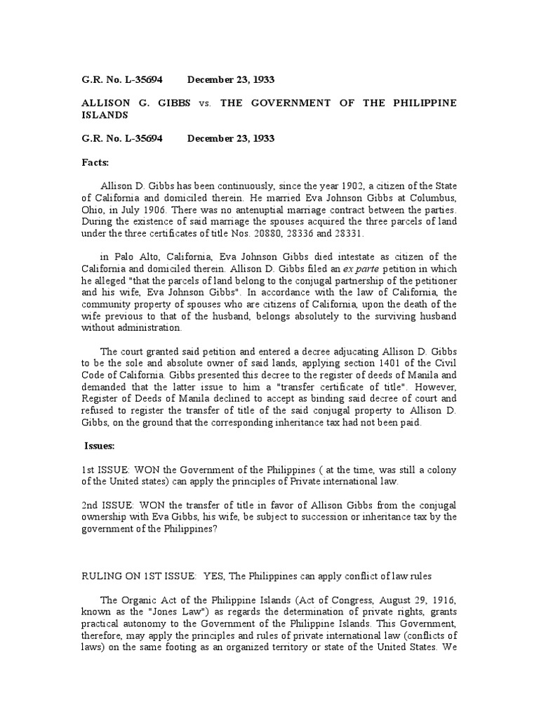 G.R. No. L-35694 December 23, 1933 Allison G. Gibbs vs. The Government ...
