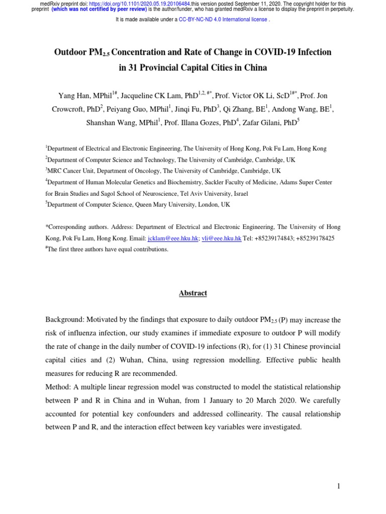 Outdoor PM Concentration and Rate of Change in COVID-19 Infection in 31 ...