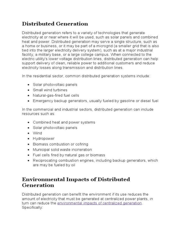 Distributed Generation: Environmental Impacts of Centralized Generation ...